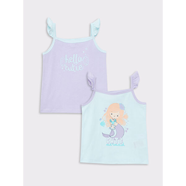 Kare Yaka Askılı Baskılı Pamuklu Kız Bebek Atlet 2'li