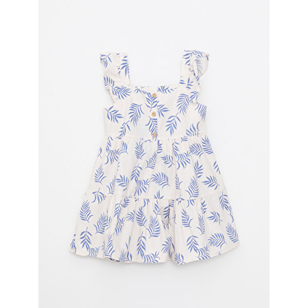 Kare Yaka Askılı Baskılı Pamuklu Kız Bebek Elbise