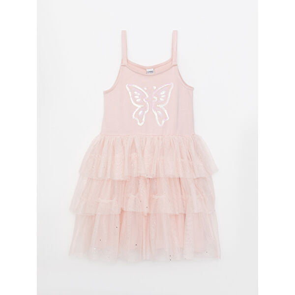 Kare Yaka Pul İşlemeli Askılı Kız Çocuk Elbise