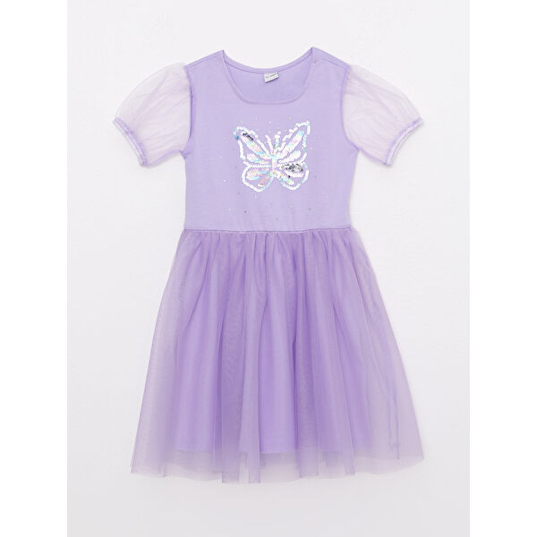 Bisiklet Yaka Pul İşlemeli Kısa Kollu Kız Çocuk Elbise