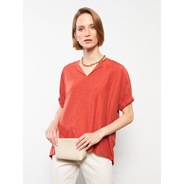 Kaçık Yaka Düz Kısa Kollu Tencel Kadın Bluz