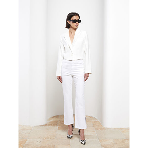 Önden Düğme Kapamalı Düz Uzun Kollu Crop Gabardin Kadın Blazer Ceket Önden Düğme Kapamalı Düz Uzun Kollu Crop Gabardin Kadın Blazer Ceket