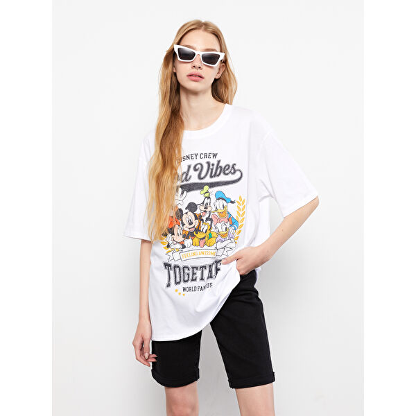 Bisiklet Yaka Mickey Mouse Baskılı Kısa Kollu Pamuklu Kadın Tişört Bisiklet Yaka Mickey Mouse Baskılı Kısa Kollu Pamuklu Kadın Tişört