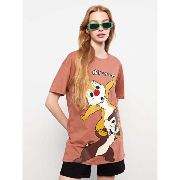 Bisiklet Yaka Chip&Dale Baskılı Kısa Kollu Pamuklu Kadın Tişört Bisiklet Yaka Chip&Dale Baskılı Kısa Kollu Pamuklu Kadın Tişört