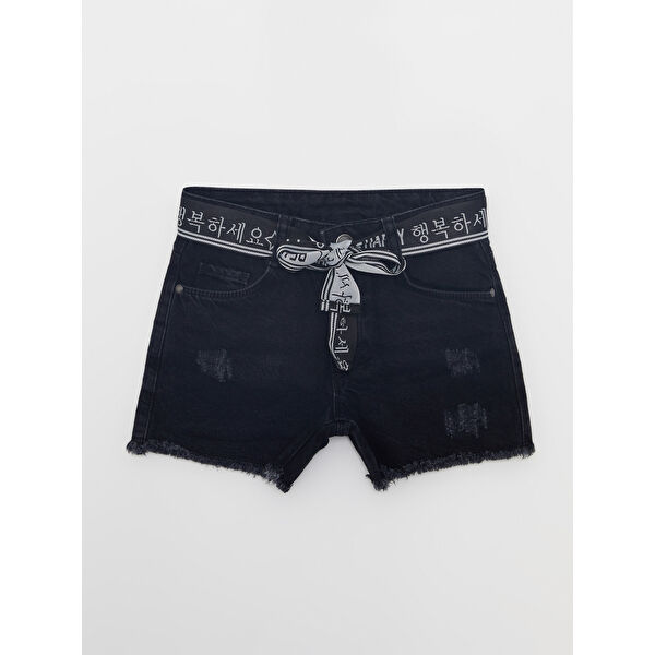 Pamuklu K-Pop Baskılı Kız Çocuk Jean Şort ve Kemer Pamuklu K-Pop Baskılı Kız Çocuk Jean Şort ve Kemer