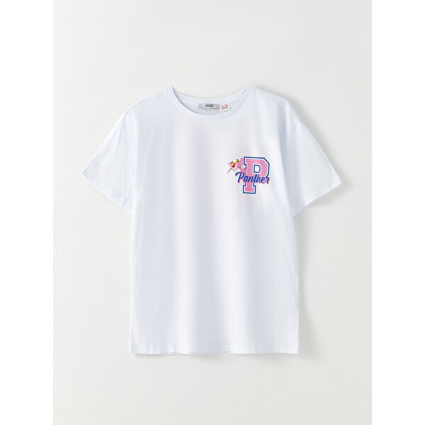 XSIDE Bisiklet Yaka Pembe Panter Baskılı Kısa Kollu Pamuklu Kadın Tişört