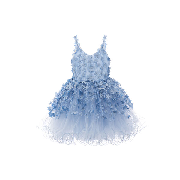 Chaton D'or V Yaka Askılı 3 Boyutlu Kız Bebek Abiye Elbise