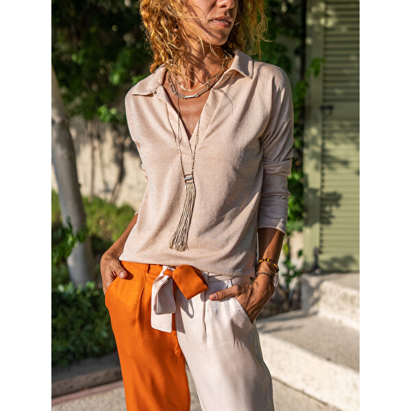 Güneşkızı Polo Yaka Düz Uzun Kollu Kadın Bluz