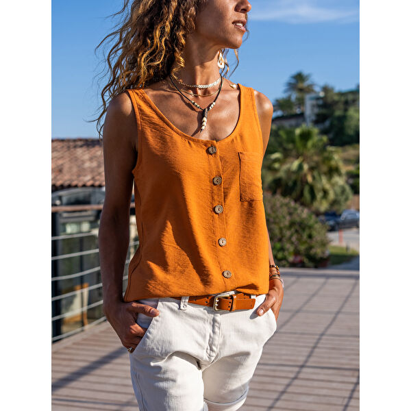 Güneşkızı U Yaka Düz Kolsuz Keten Kadın Bluz