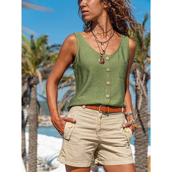 Güneşkızı U Yaka Düz Kolsuz Keten Kadın Bluz