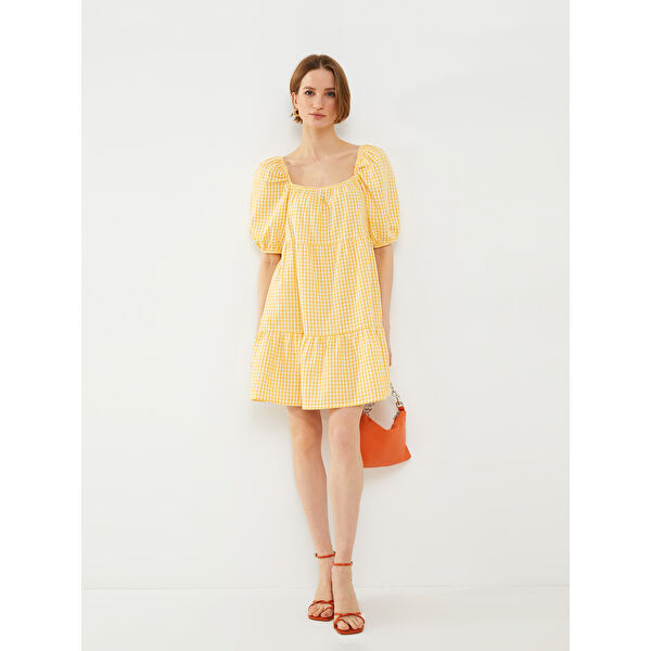 LCW VISION Kare Yaka Ekose Kısa Kollu Pamuklu Kadın Elbise