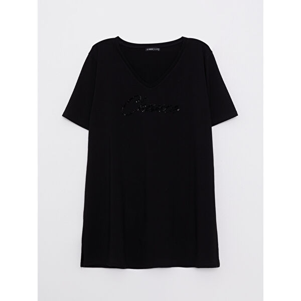 LCW CLASSIC V Yaka Pul Payet Baskılı Kısa Kollu Kadın Bluz