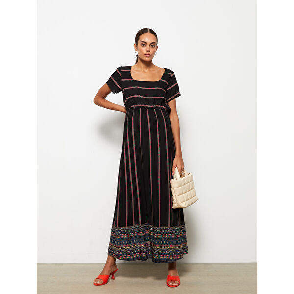 Kare Yaka Desenli Kısa Kollu Viskon Hamile Elbise