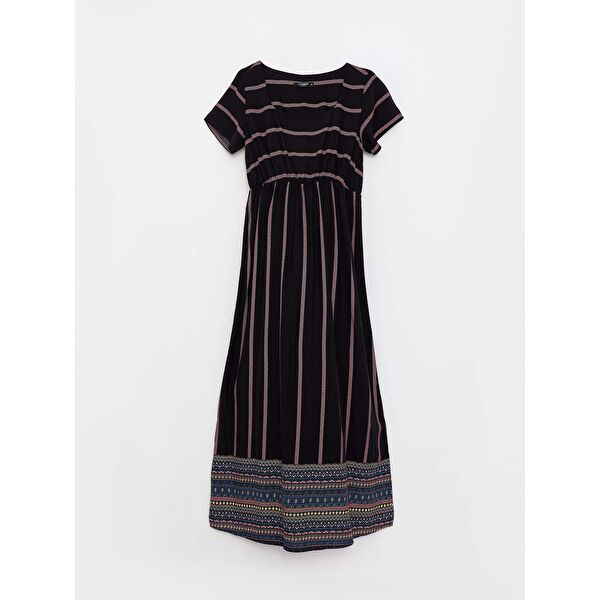 Kare Yaka Desenli Kısa Kollu Viskon Hamile Elbise