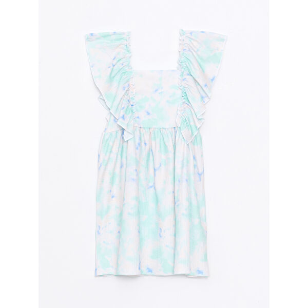 Kare Yaka Desenli Kısa Kollu Kız Çocuk Elbise