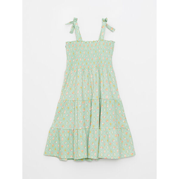 Kare Yaka Desenli Askılı Kız Çocuk Elbise