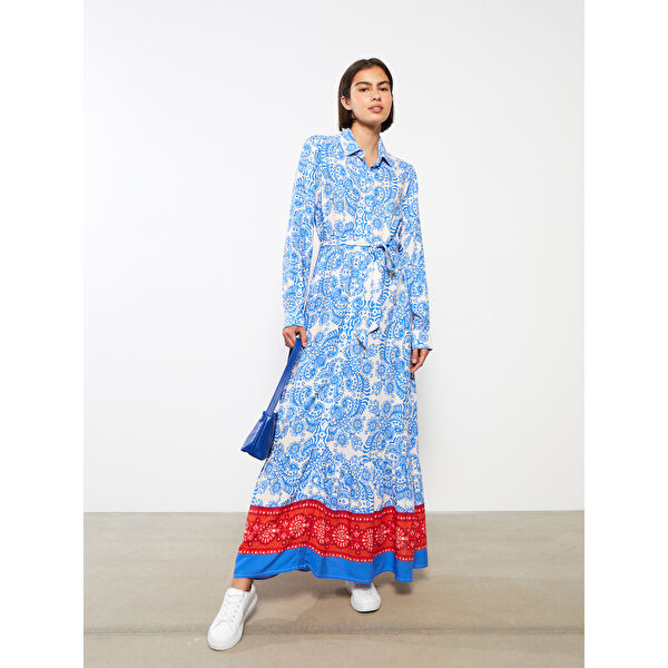 MODEST Gömlek Yaka Desenli Uzun Kollu Viskon Kadın Elbise