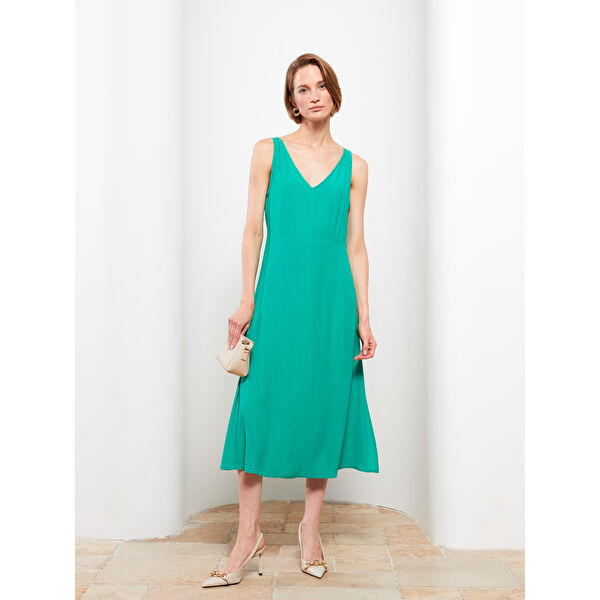V Yaka Düz Kolsuz Viskon Kadın Elbise
