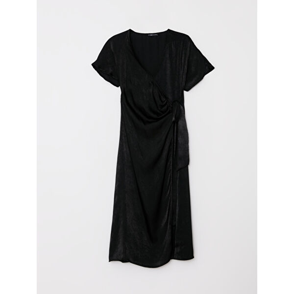 LCW CLASSIC V Yaka Düz Kısa Kollu Saten Kadın Elbise