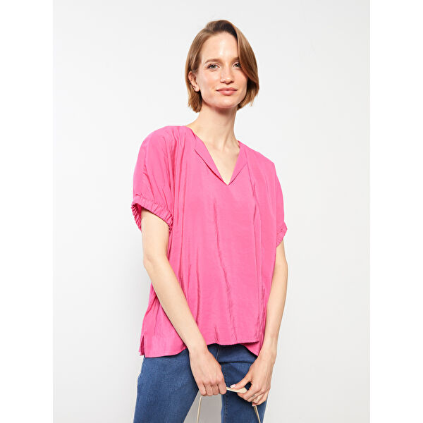 LCW CLASSIC Kaçık Yaka Düz Kısa Kollu Tencel Kadın Bluz