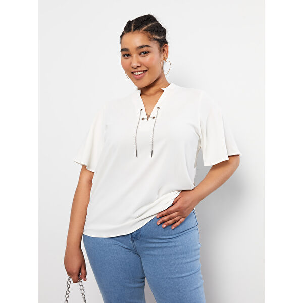 Büyük Beden Kaçık Yaka Düz Kısa Kollu Poplin Kadın Bluz Büyük Beden Kaçık Yaka Düz Kısa Kollu Poplin Kadın Bluz