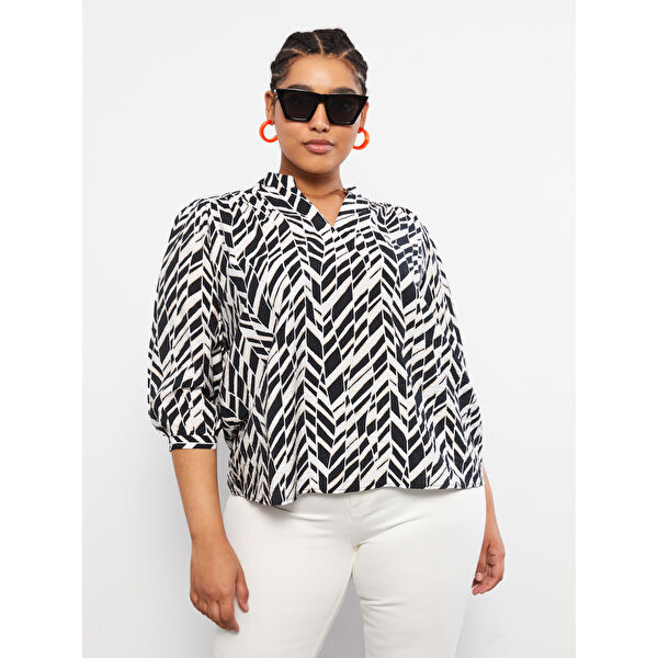 LCW CLASSIC Kaçık Yaka Desenli Poplin Kadın Bluz