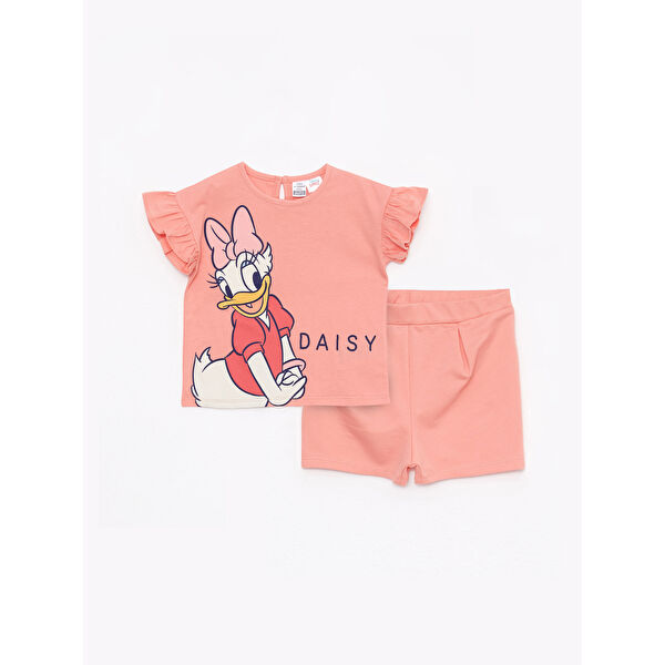 Bisiklet Yaka Kısa Kollu Daisy Duck Baskılı Pamuklu Kız Bebek Tişört ve Şort 2'li Takım