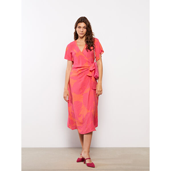 Kruvaze Yaka Desenli Kısa Kollu Kadın Elbise