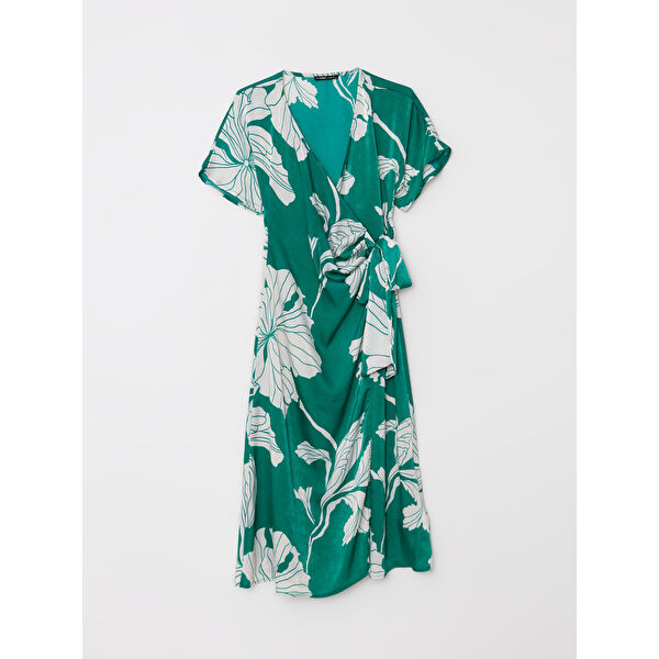 LCW CLASSIC V Yaka Desenli Kısa Kollu Saten Kadın Elbise