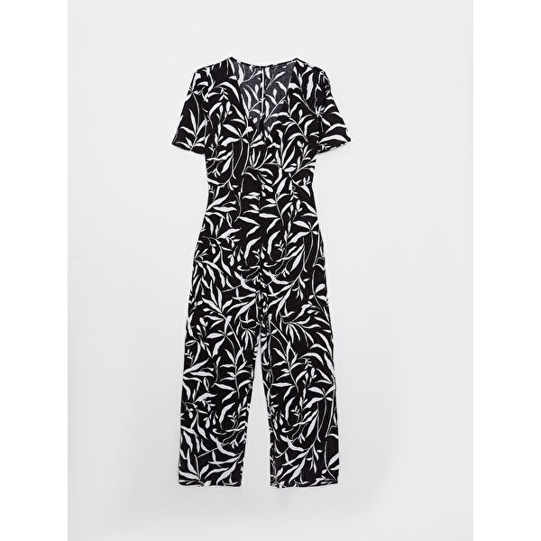 LCW CLASSIC V Yaka Desenli Kısa Kollu Viskon Kadın Tulum