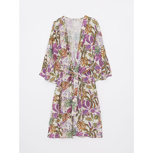 LCW VISION Şal Yaka Çiçekli Uzun Kollu Keten Kadın Kimono