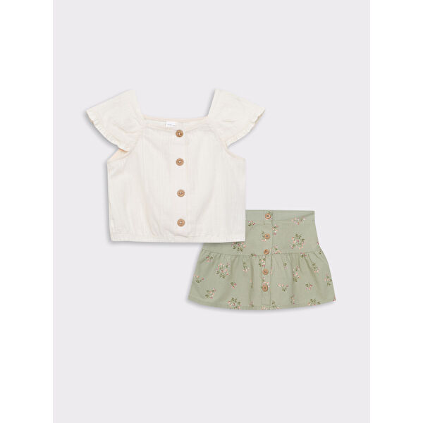 Kare Yaka Kısa Kollu Pamuklu Kız Bebek Bluz ve Etek 2'li Takım Kare Yaka Kısa Kollu Pamuklu Kız Bebek Bluz ve Etek 2'li Takım