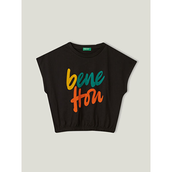 Benetton Bisiklet Yaka Baskılı Kısa Kollu Kız Çocuk Tişört