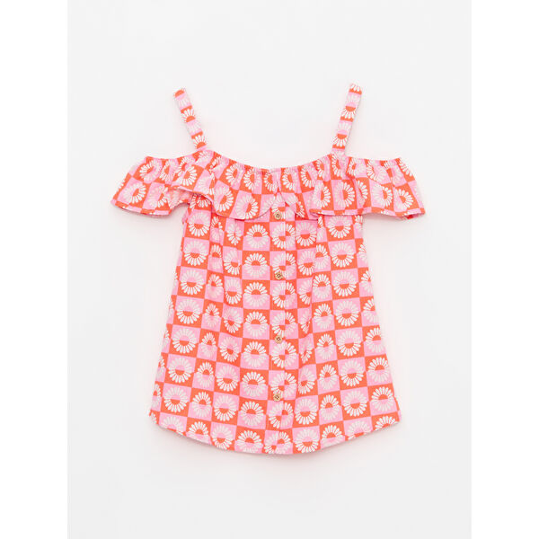 Kayık Yaka Desenli Kısa Kollu Poplin Kız Çocuk Bluz