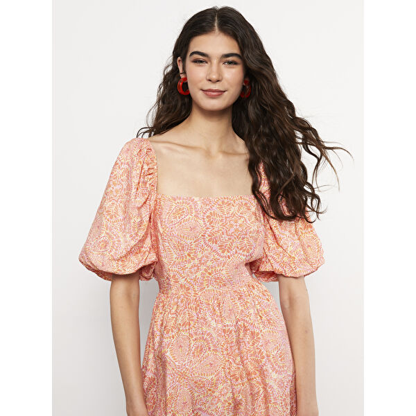 Kare Yaka Desenli Balon Kollu Kadın Elbise Kare Yaka Desenli Balon Kollu Kadın Elbise