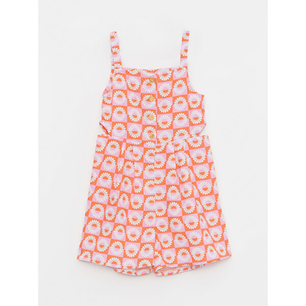 Kare Yaka Desenli Askılı Poplin Kız Çocuk Tulum