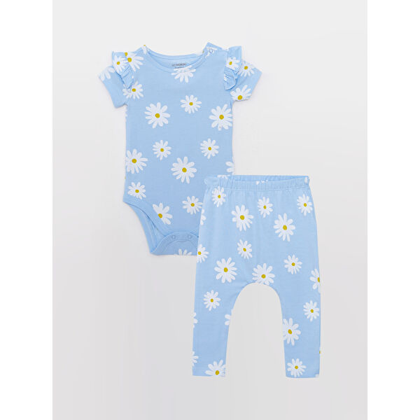 Bisiklet Yaka Kısa Kollu Baskılı Kız Bebek Çıtçıtlı Body ve Pantolon 2'li Takım Bisiklet Yaka Kısa Kollu Baskılı Kız Bebek Çıtçıtlı Body ve Pantolon 2'li Takım