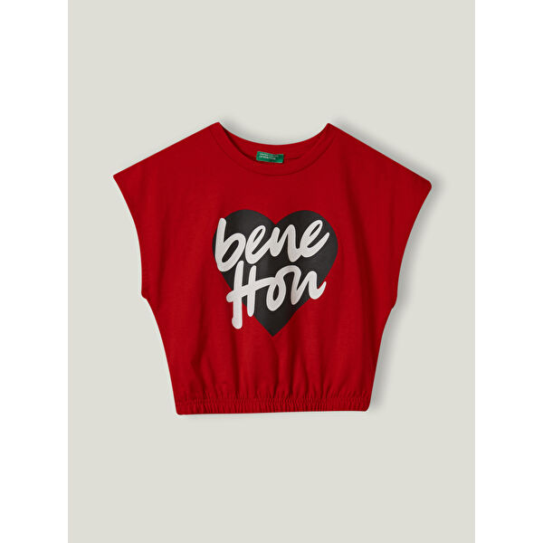 Benetton Bisiklet Yaka Baskılı Kısa Kollu Pamuklu Kız Çocuk Tişört