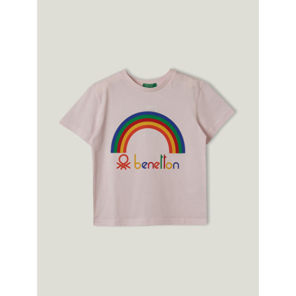 Benetton Bisiklet Yaka Baskılı Kısa Kollu Kız Çocuk Tişört