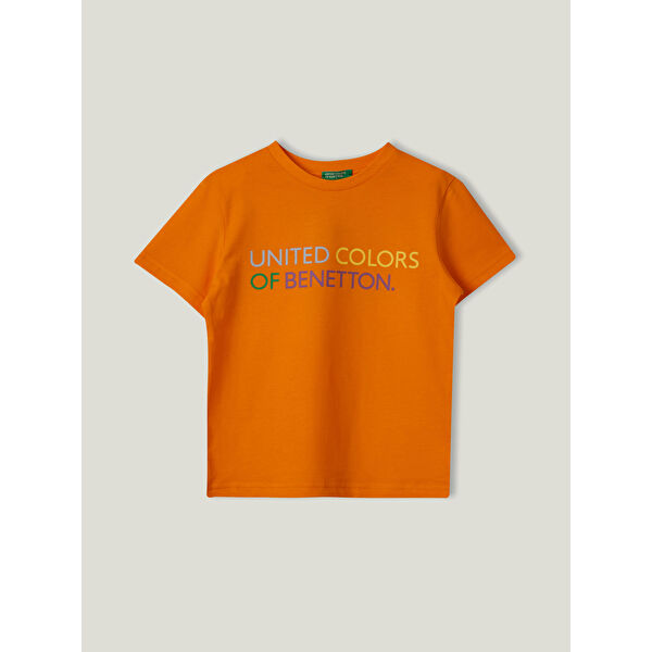Benetton Bisiklet Yaka Baskılı Kısa Kollu Kız Çocuk Tişört