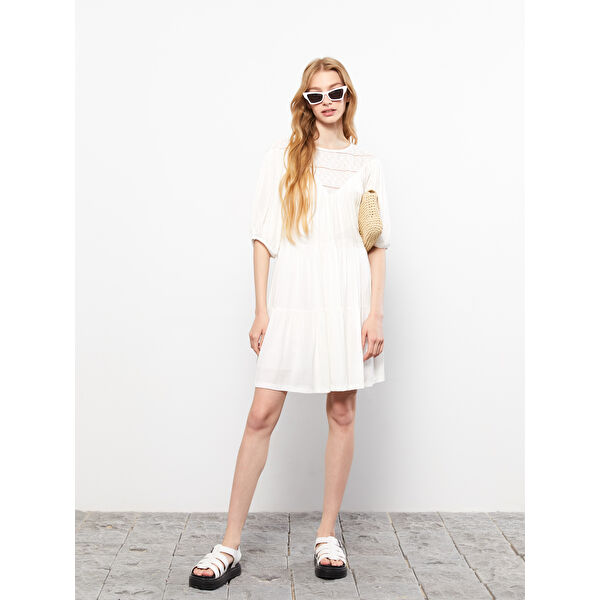 LCW CASUAL Bisiklet Yaka Nakışlı Poplin Kadın Elbise