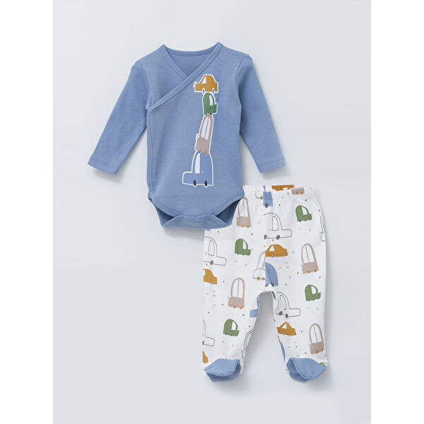 Luggi Baby V Yaka Baskılı Erkek Bebek Çıtçıtlı Body ve Pantolon 2'li Takım