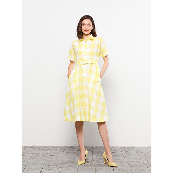 LCW LIMITED Gömlek Yaka Ekose Kısa Kollu Poplin Kadın Elbise