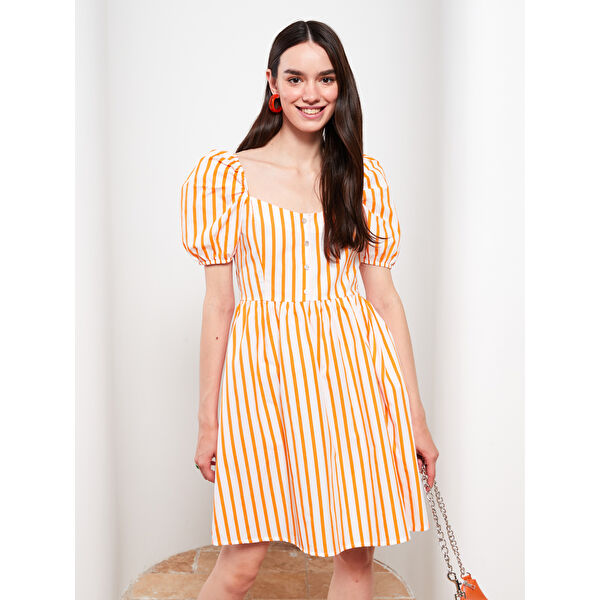 LCW LIMITED U Yaka Çizgili Kısa Kollu Poplin Kadın Elbise