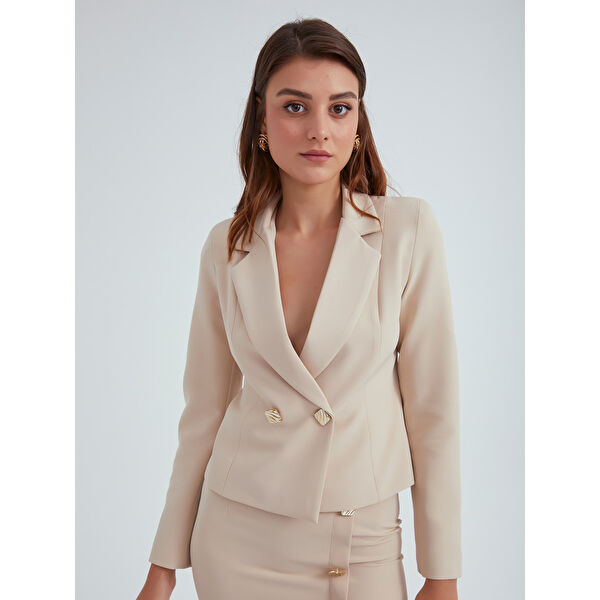 Sateen Önden Düğme Kapamalı Düz Uzun Kollu Kadın Ceket