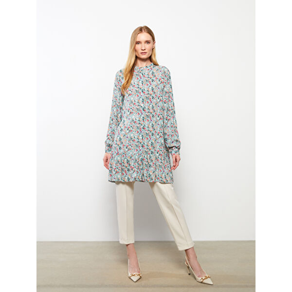 Bisiklet Yaka Desenli Uzun Kollu Viskon Kadın Tunik