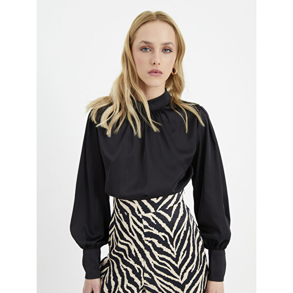 Sateen Dik Yaka Düz Uzun Kollu Saten Kadın Bluz