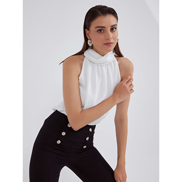 Sateen Dik Yaka Düz Büzgü Detaylı Kadın Bluz Sateen Dik Yaka Düz Büzgü Detaylı Kadın Bluz