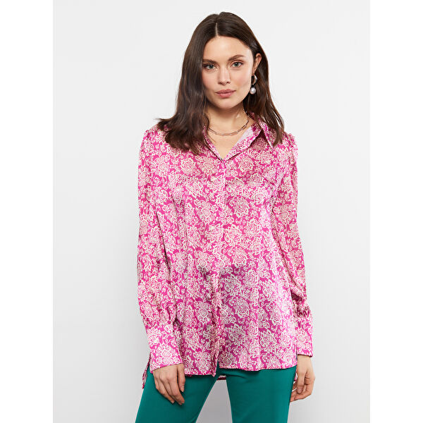 Sateen Önden Düğme Kapamalı Desenli Uzun Kollu Kadın Gömlek