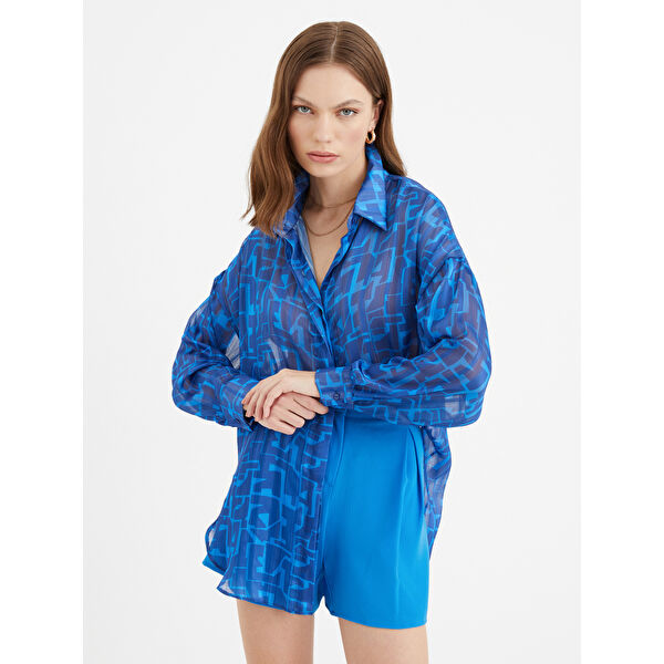 Sateen Önden Düğme Kapamalı Desenli Uzun Kollu Oversize Kadın Gömlek